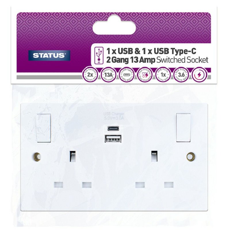 Status 13 Amp 2 Gang Switched USB Electrical Wall Socket | Pease of Garforth